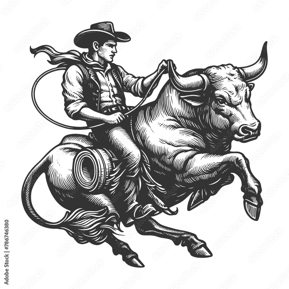 thrilling action of a rodeo cowboy expertly riding a bucking bull ...