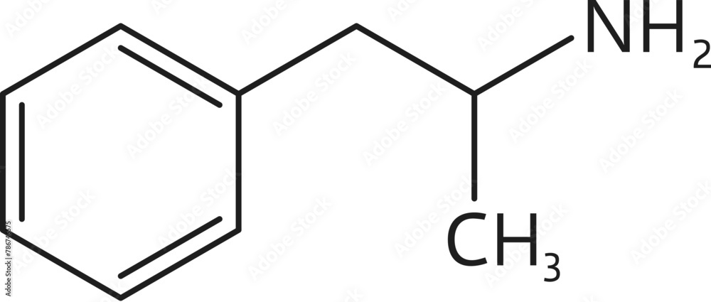 Amphetamine structure, synthetic drug molecule formula. Illegal substance atomic composition ...
