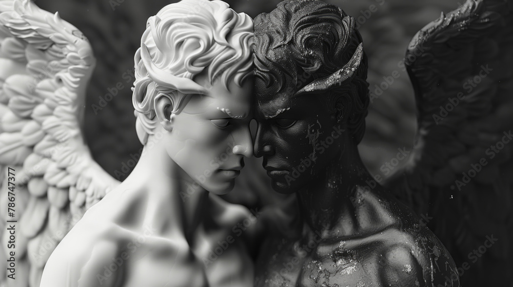 Contrast between angel and demon statues in black and white, conceptual ...