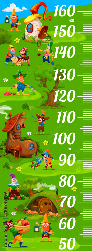Kids height chart ruler, cartoon garden gnome and dwarf characters ...