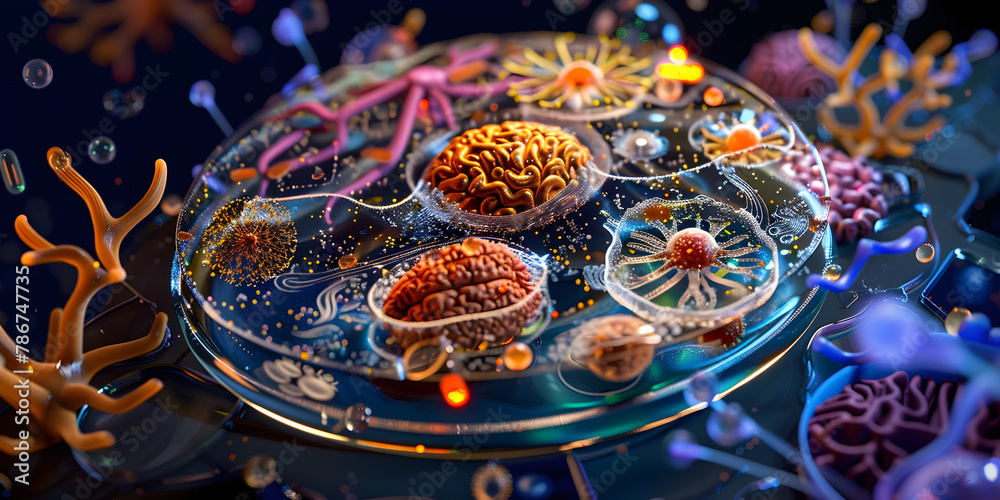 cell biology organelle 3D background, human cell Crosssection showing many cell organelles ...