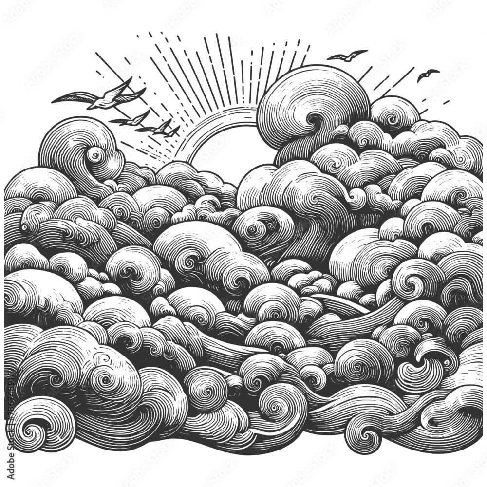 sun with radiating beams and clouds sketch engraving generative ai ...