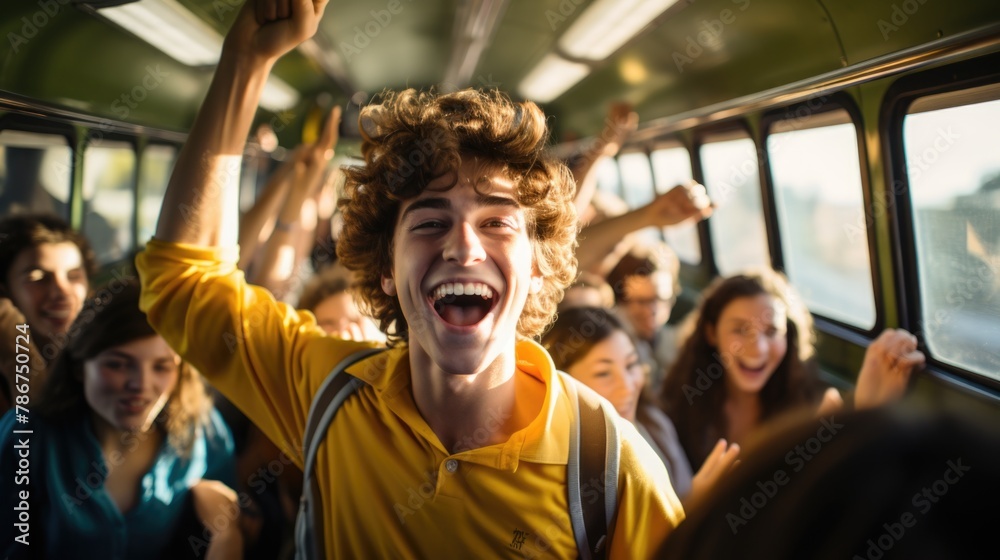 Joyful ride: fun students on a school bus, sharing laughter and ...