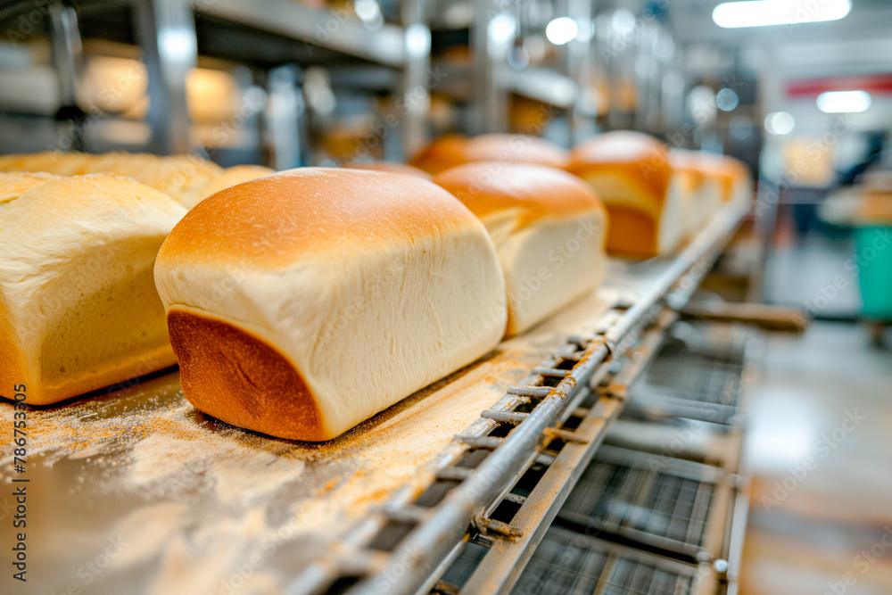 Bread bakery food factory with white bread on shelves at the bread ...