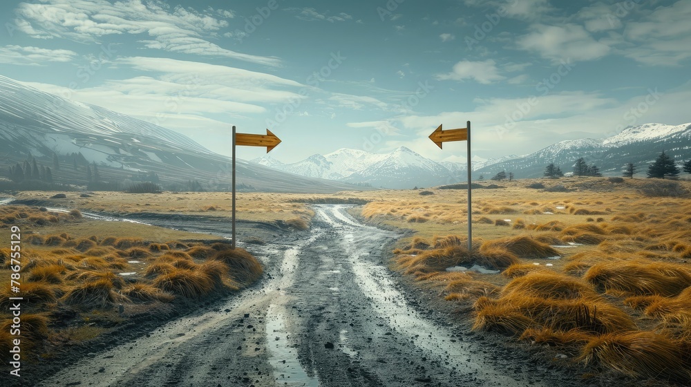 Surreal landscape with a split road and signpost arrows showing two ...