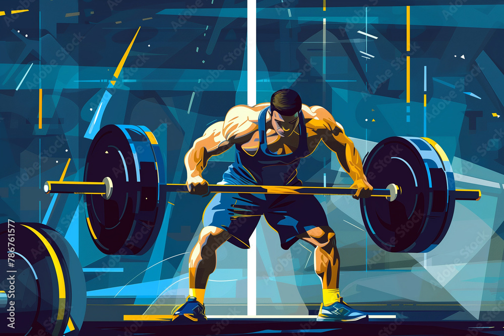 Weightlifter performing barbell raised high during competition in ...