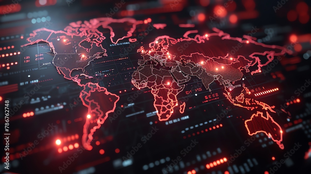 An image of a digital world map dotted with realtime business activity ...