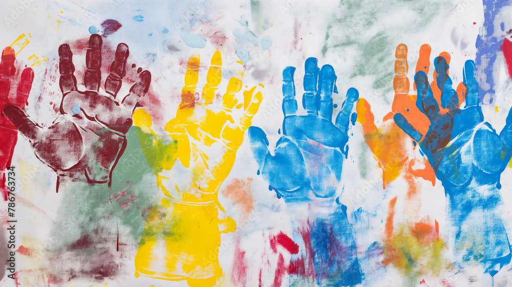 Colorful handprints on a canvas creating a vibrant, abstract art piece ...