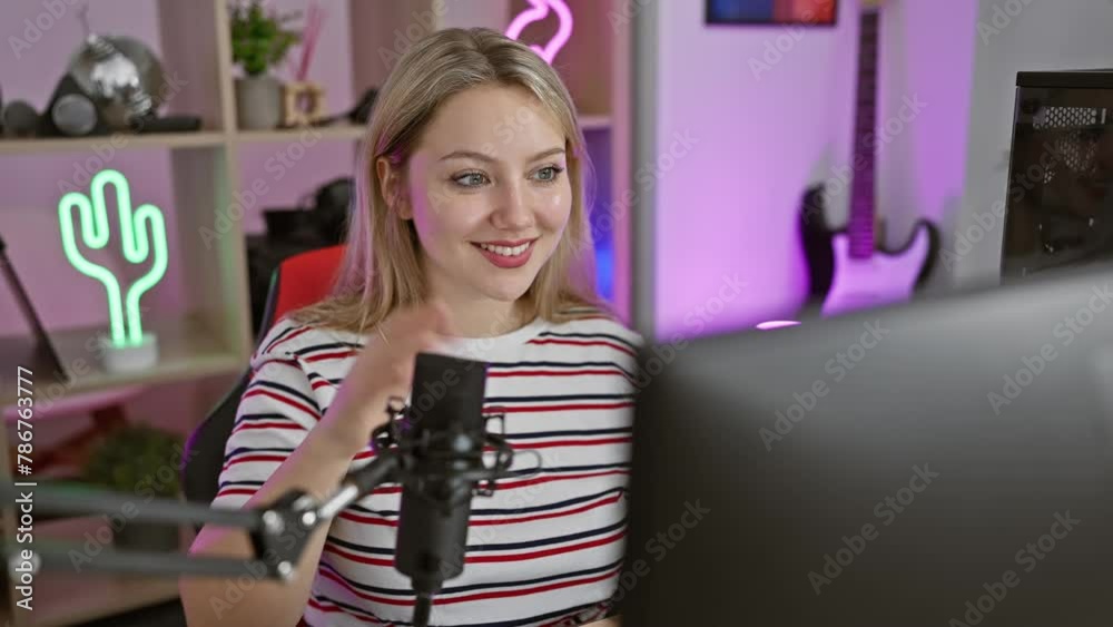 Joyful young blonde streamer saying hello with a friendly gesture ...