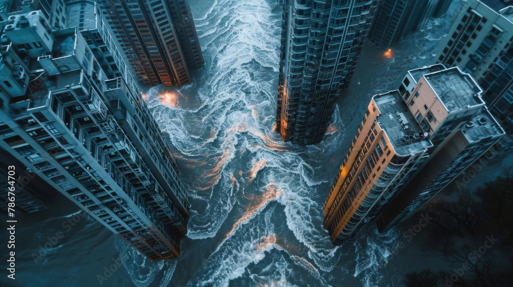 City, water and flow in natural disaster with flood for catastrophe ...