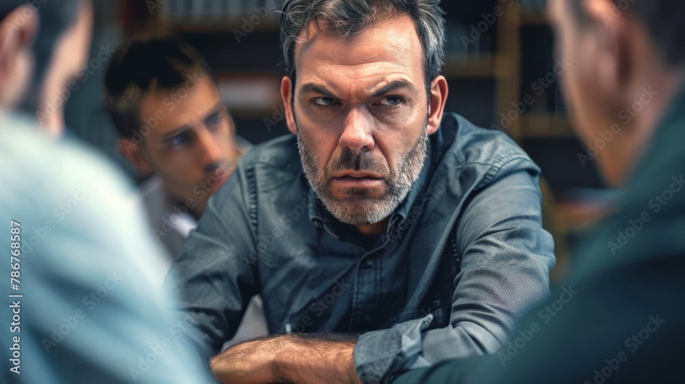A tense meeting room scene, where a businessman is seen in heated ...