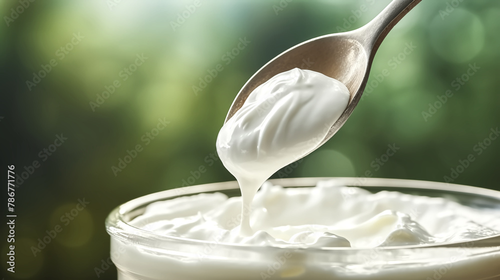 Spoon scooping creamy yogurt with natural background. Healthy eating ...