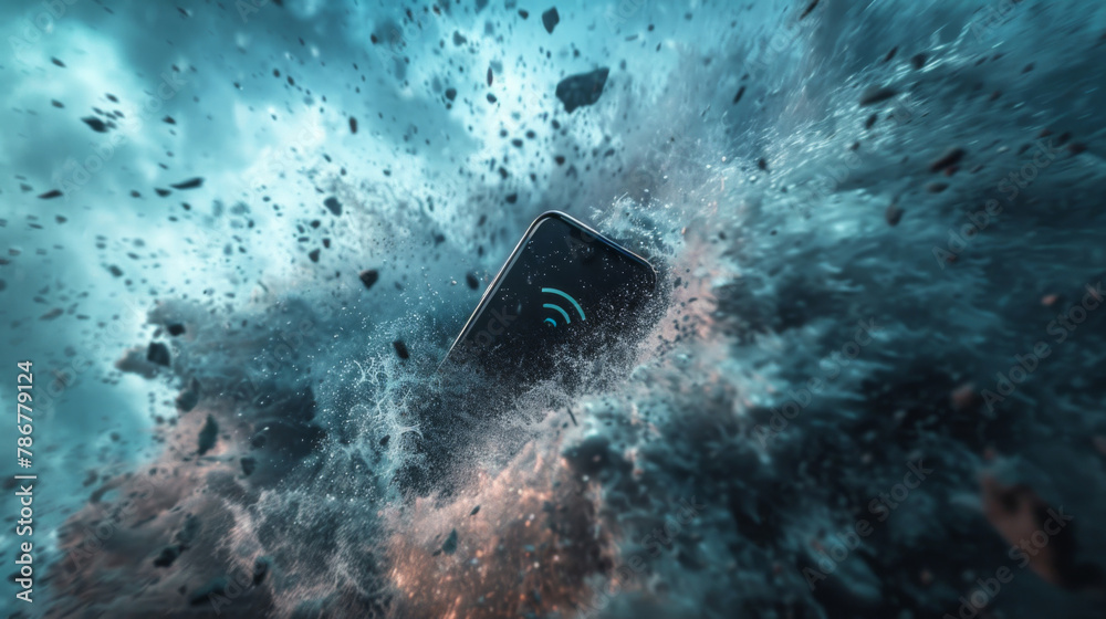 Water, damage and broken with phone, lost and emergency with natural ...