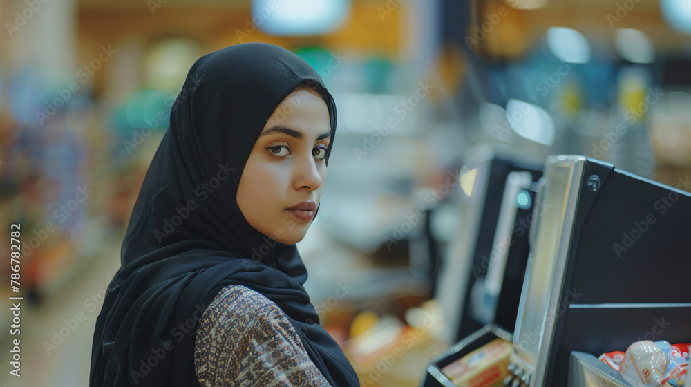 Beautiful woman in supermarket in hijab paying for goods at self ...