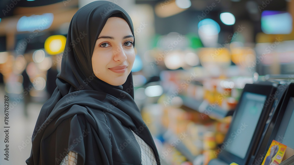 Beautiful woman in supermarket in hijab paying for goods at self ...