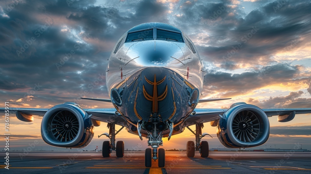 An airport bay with copy space for modern jet aircraft. A wing of a ...
