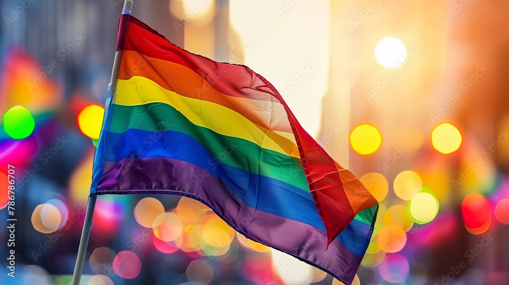 Pride month and inclusivity, support of LGBTQ. LGBT rainbow flags being waved in the air at a ...