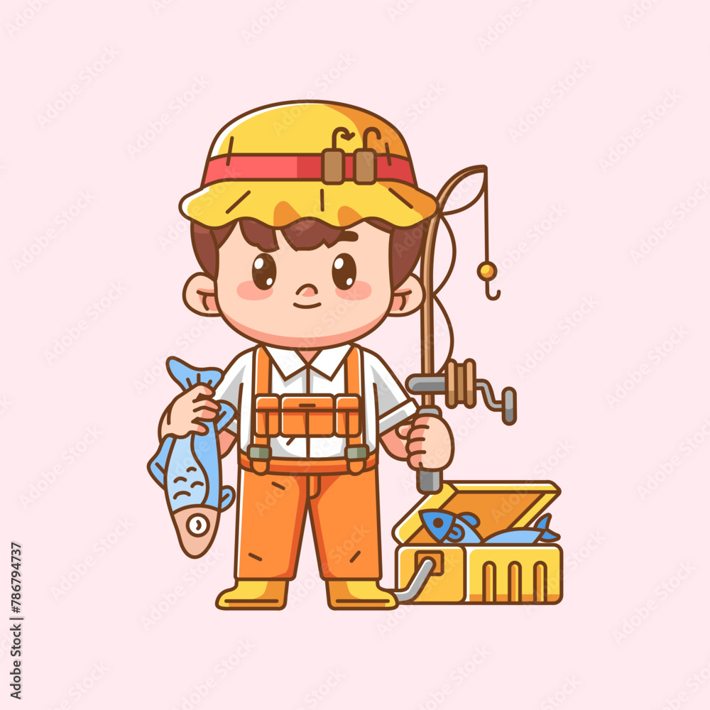 Cute fisher fishing fish box kawaii chibi character mascot illustration ...