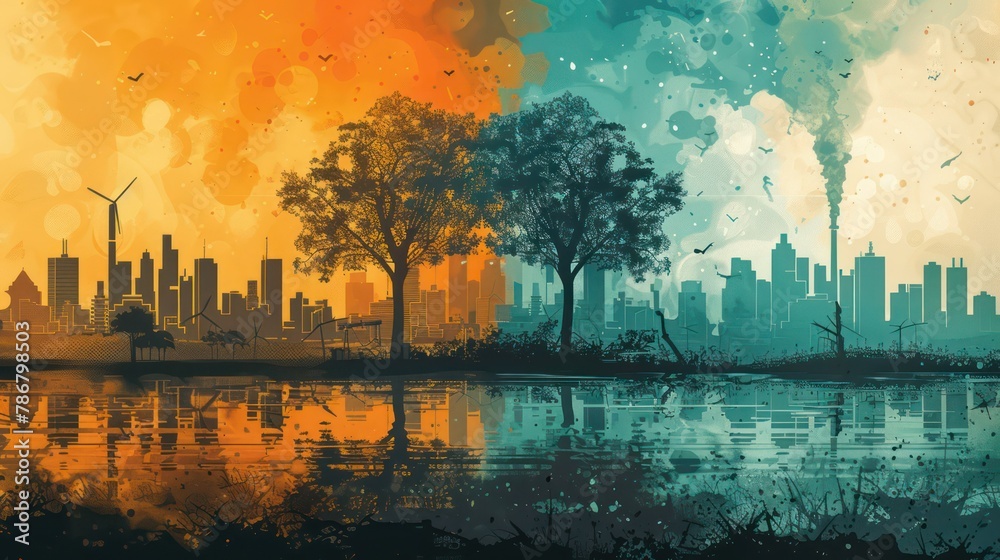 illustration of a large tree in an urban area full of carbon emission ...