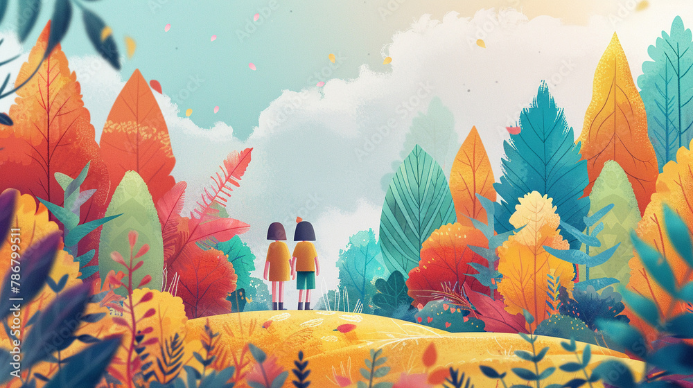 Joyful children exploring a fantasy forest depicted in cartoon style ...