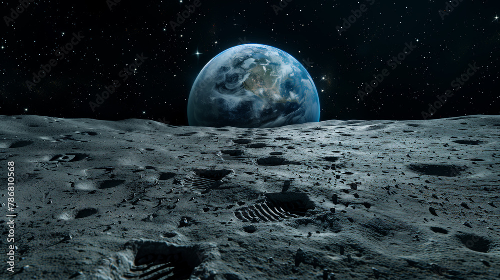 A view of the Earth from the moon surface with footprints and a space ...