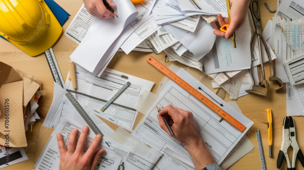 desk with piles of paperwork and typical construction tools, hands of ...