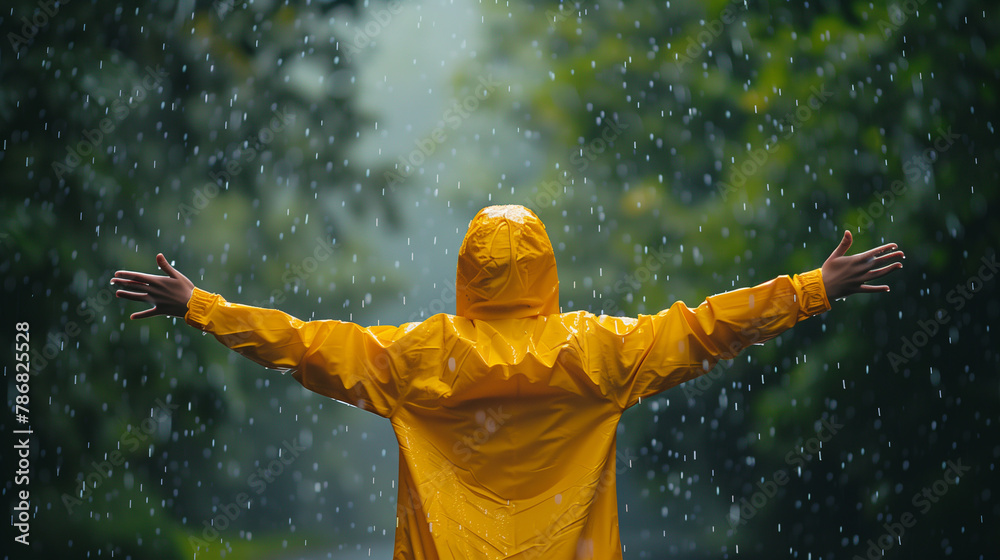 Person embracing the rain with open arms and a spirit of freedom ...