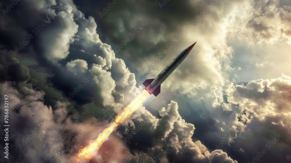 Dramatic scene of a missile launch from a launcher, aimed skyward with ...