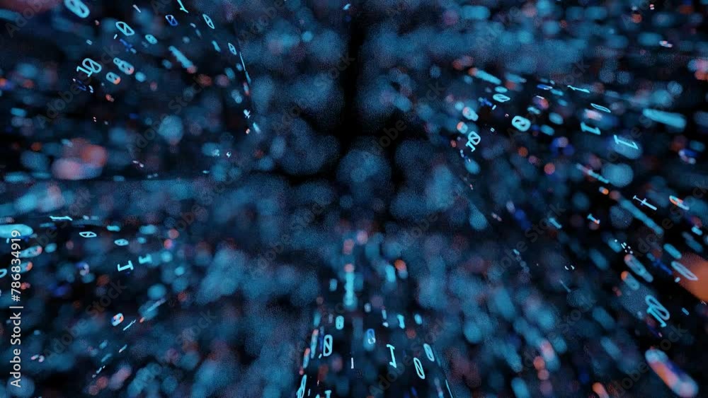 Seamless loop. Abstract wire cable with digital binary data transmitting. Depth of field effect ...