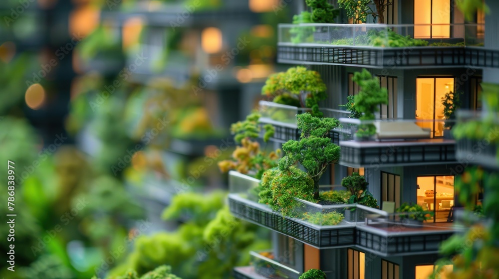 Close-up of a miniature modern condo building model with miniature ...