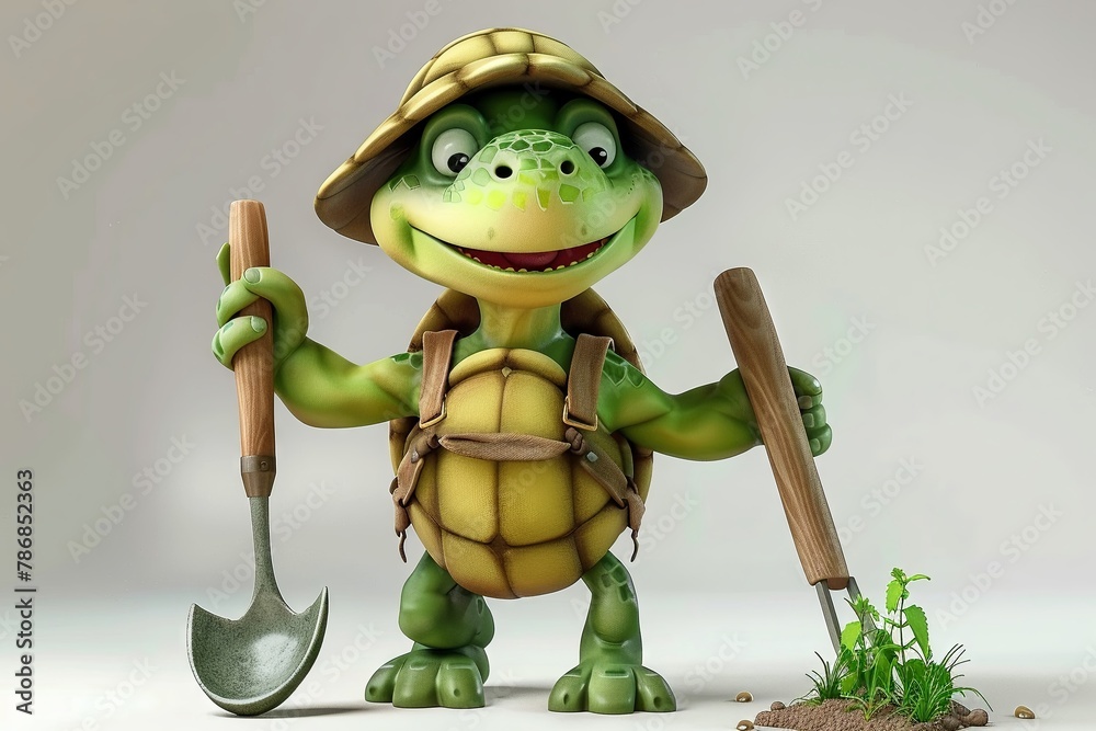 Turtle gardener, 3D cartoon, with gardening tools, isolated, eyelevel ...