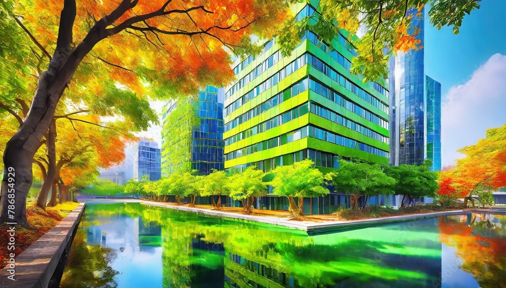 Wallpaper Sustainable glass office building with tree for reducing heat ...