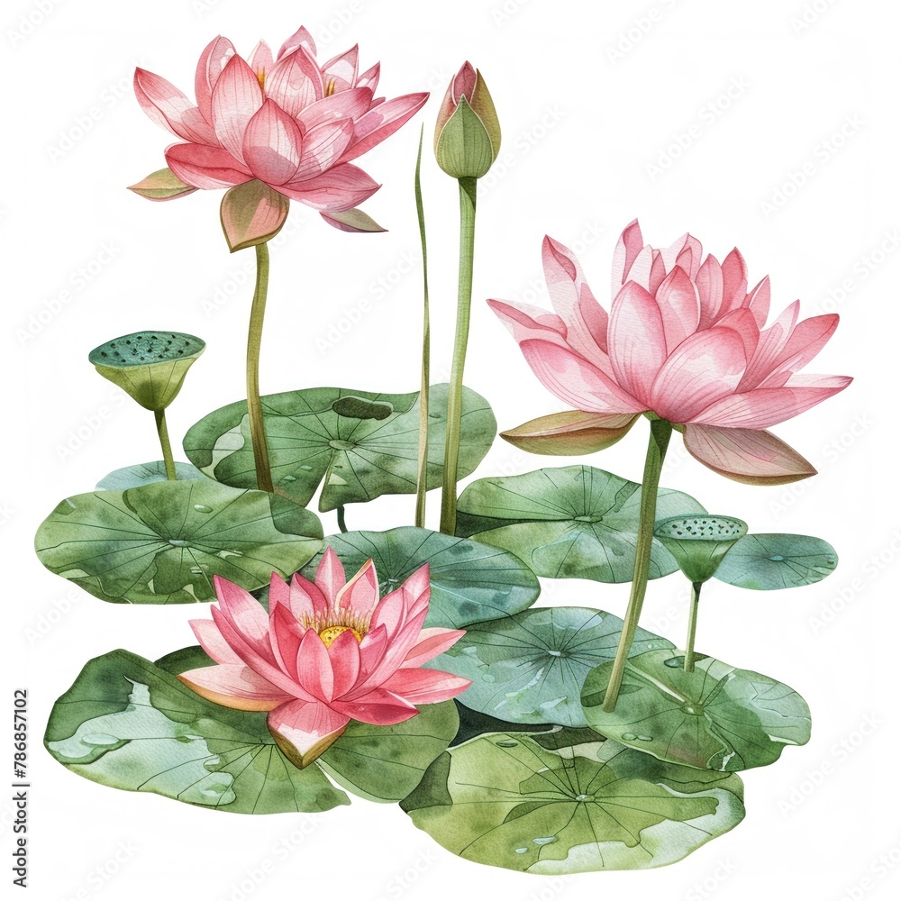 Watercolor lotus clipart with serene pink blooms and green lily pads ...