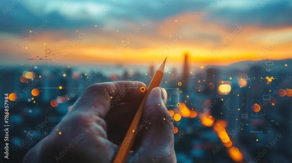 A hand wielding a pen sketches both a drawing and the city's ...