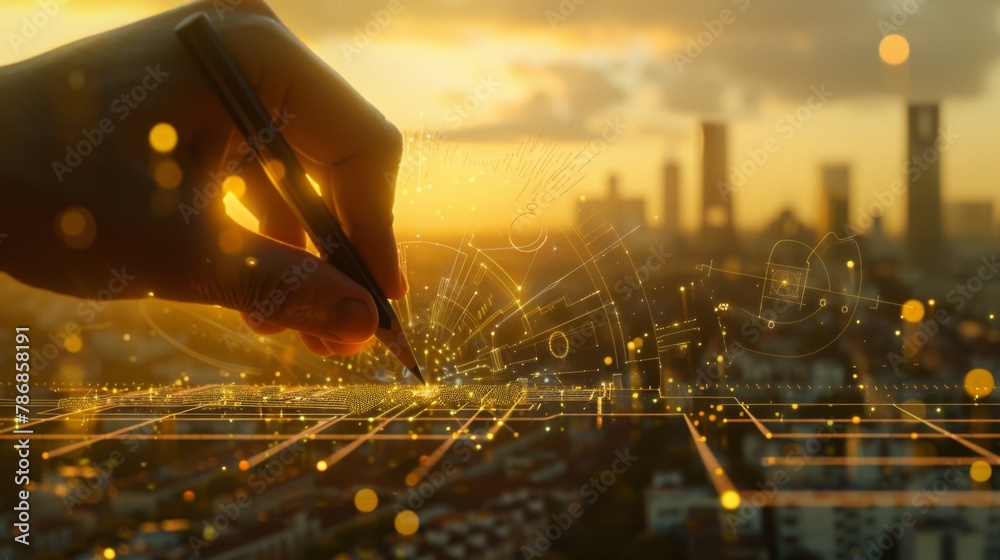 A hand wielding a pen sketches both a drawing and the city's ...