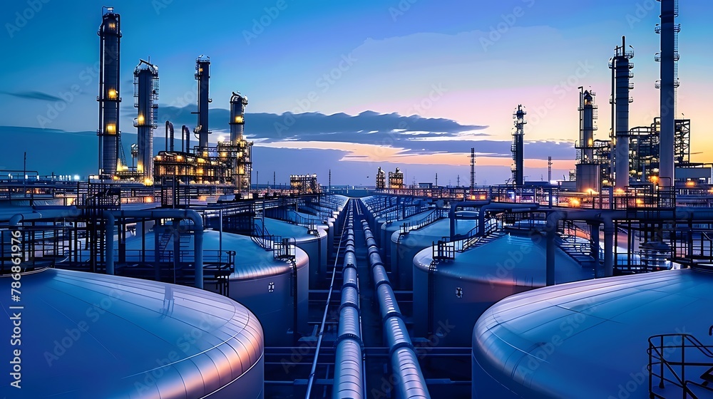 In the petrochemical industry, the oil refinery, plant, and distillation tower columns stand ...