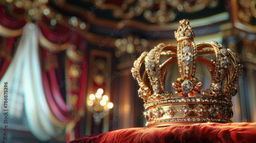 Create a visually stunning 3D scene showcasing a gold crown with ...