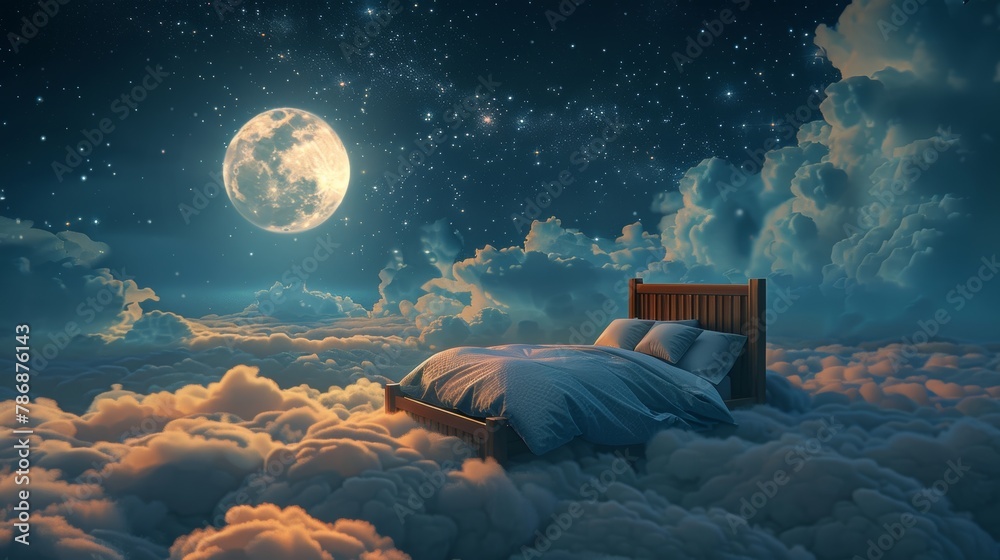 Sweet dreams visualized with a bed nestled among clouds under the ...