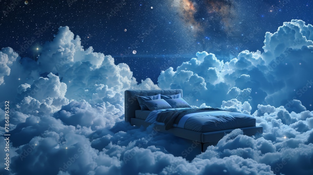 Night rest concept with a bed floating amidst cloud puffs under a star ...