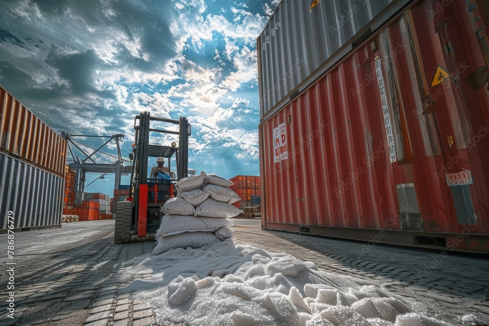 Forklift Handling White Bags, Loading Fertilizer Bags into Containers ...