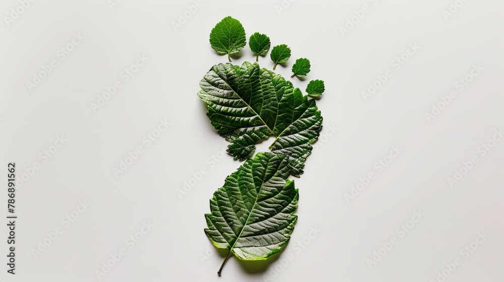human footprint with leaf texture, white background, top view, copy and ...