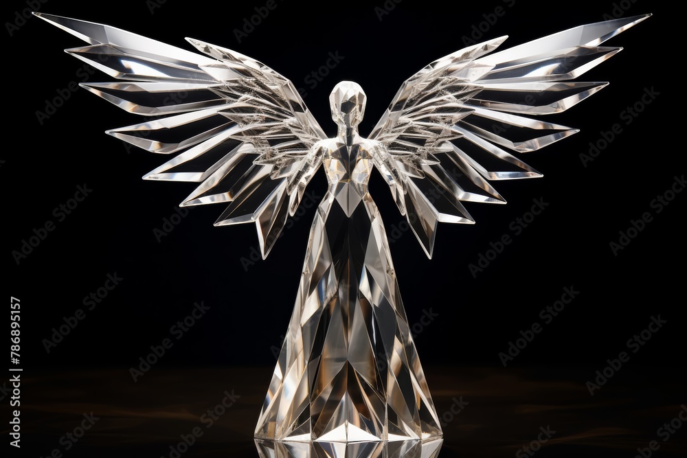 A female form statue with 2 big wings which is made of diamond, posing ...