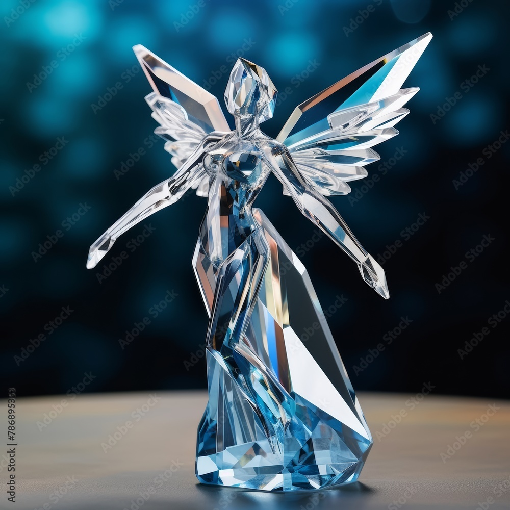 A female form statue with 2 big wings which is made of diamond, posing ...