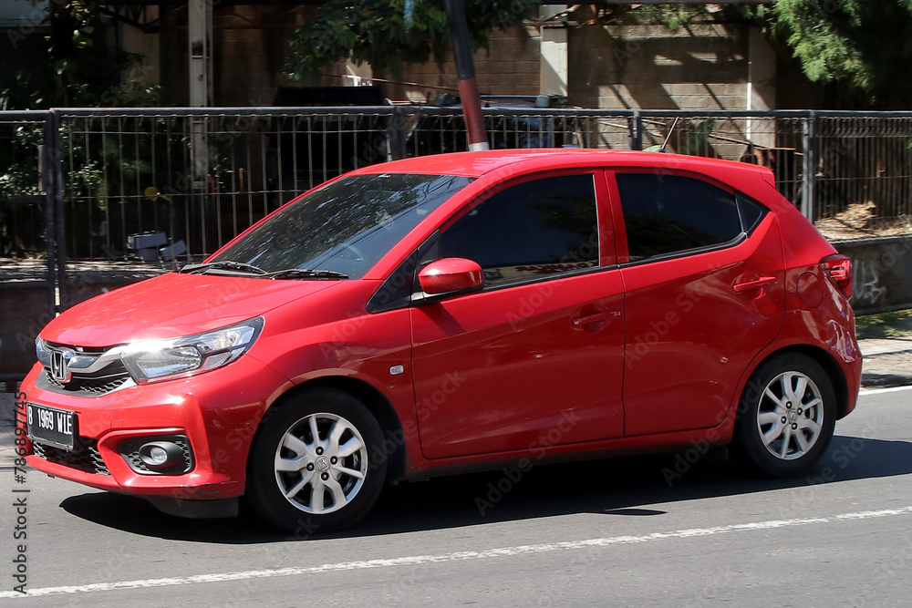 Jakarta, Indonesia - 1 April 2024: Red Color city car Honda Brio on the ...