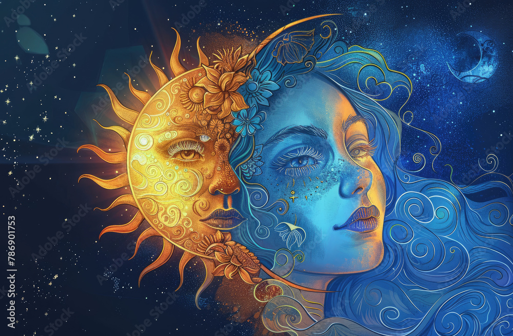 The sun and moon, the goddess of love with hair made up in an intricate ...