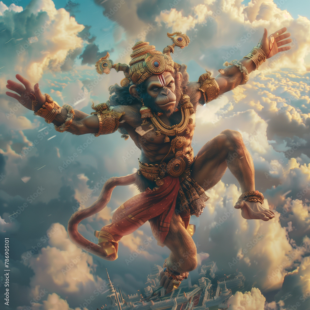 Hanuman, the Hindu deity, leaps across the sky with divine grace and ...