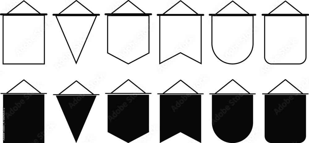 pennant flags mockup set, blank vertical banners on flagpole with ...