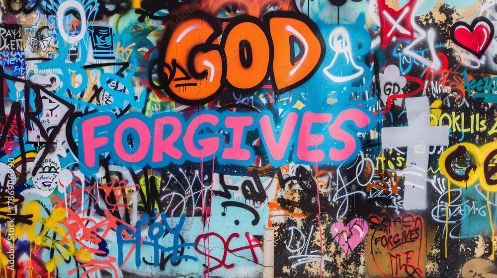 Street art graffiti wall positive bold quote GOD Forgives spray painted ...