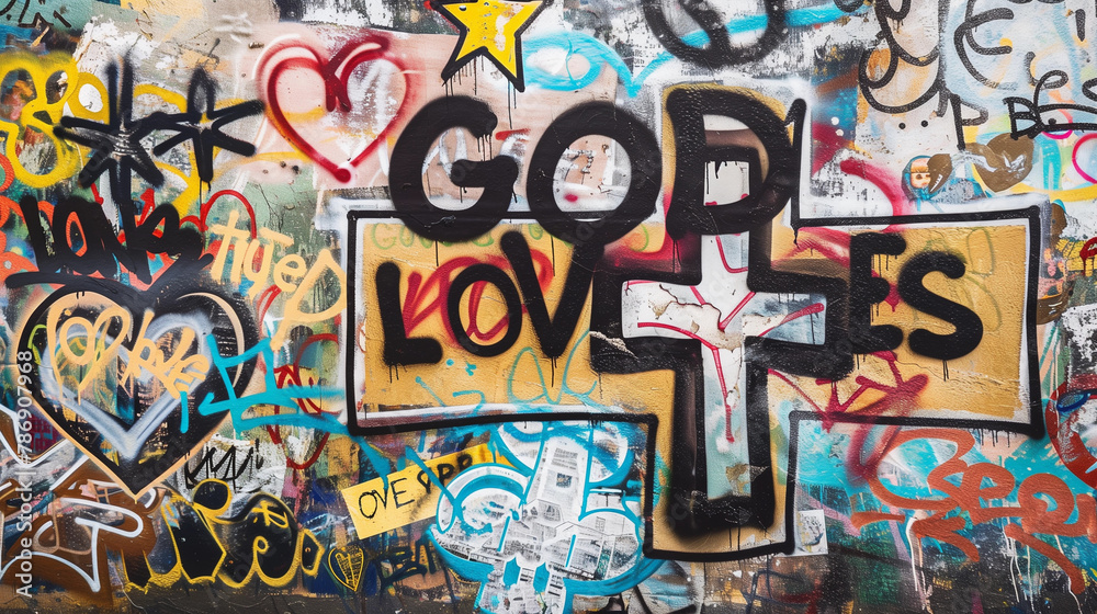 Spray painted graffiti wall positive quote GOD Loves graf paint artist ...