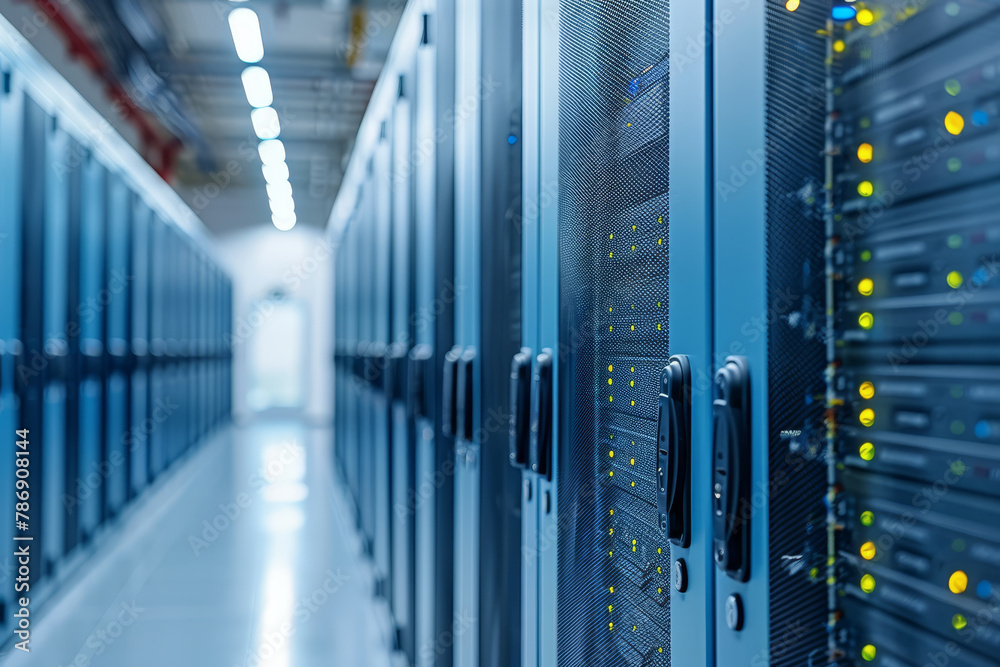 Perspective view inside a modern data center server room with racks of ...